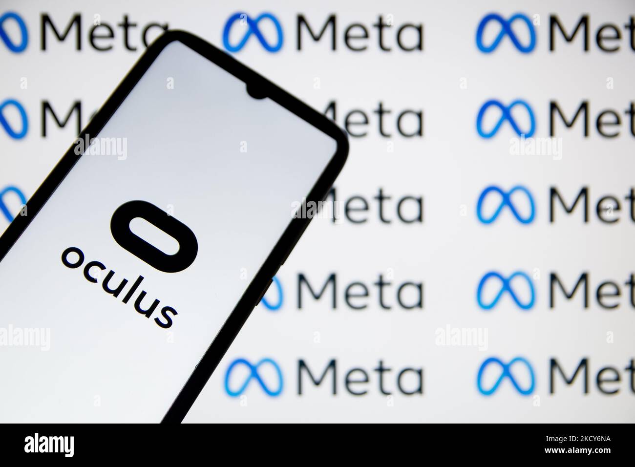 In this photo illustration an Oculus VR logo seen displayed on a ...