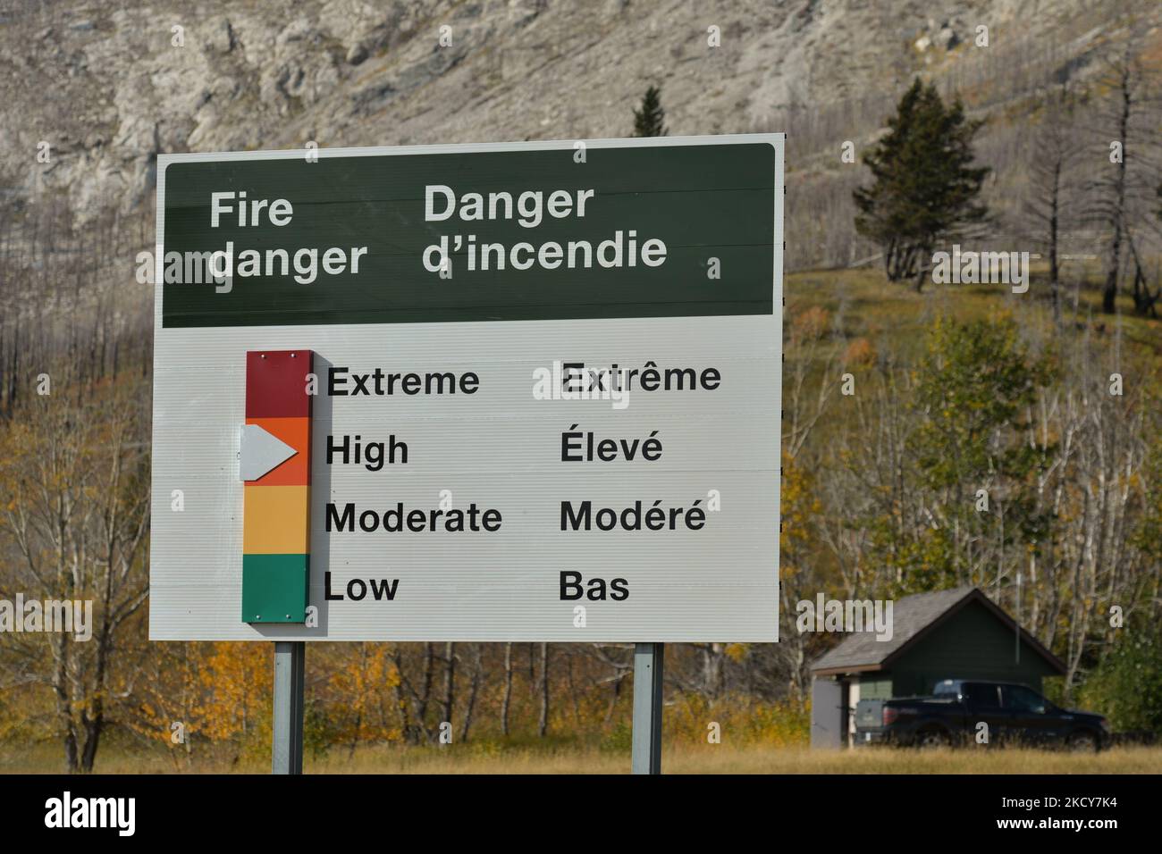 Fire danger sign indicating a moderate fire hazard at the entrance to ...