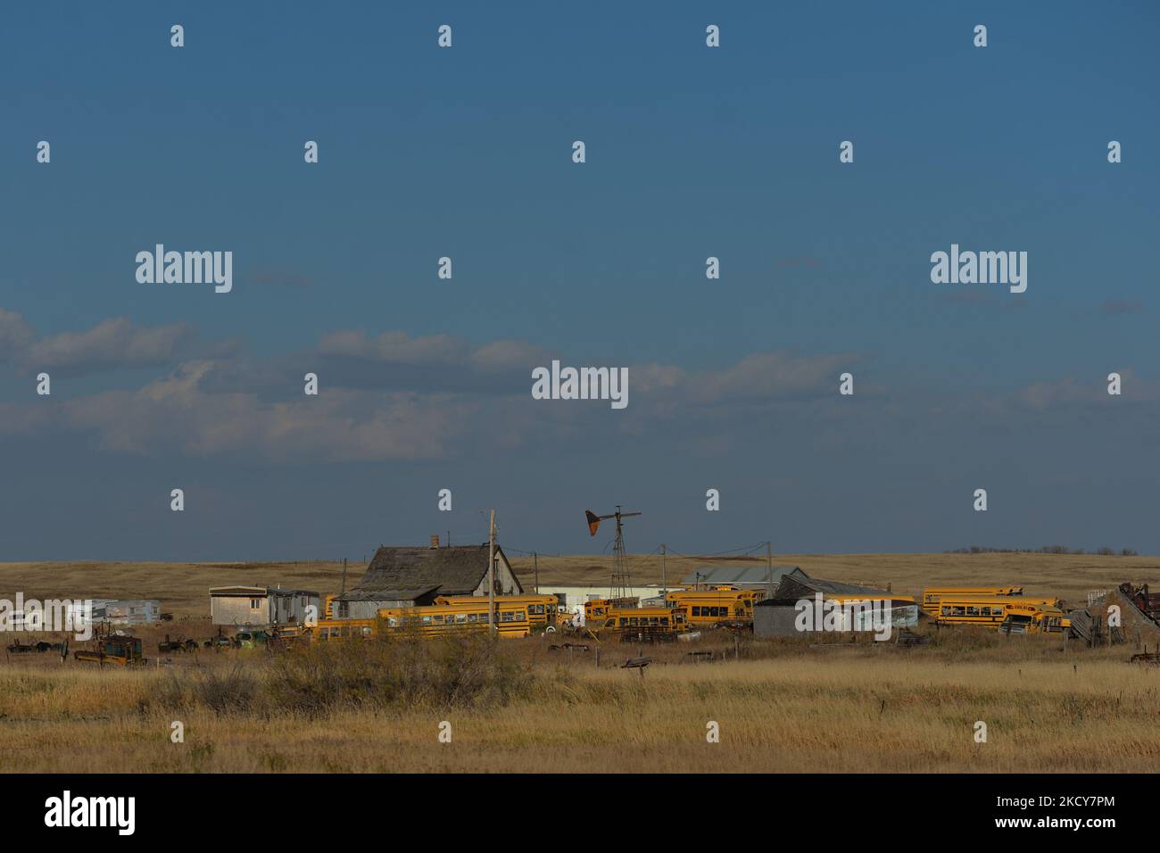 Farm with old school buses as seen along Highway 36, from Brooks to ...