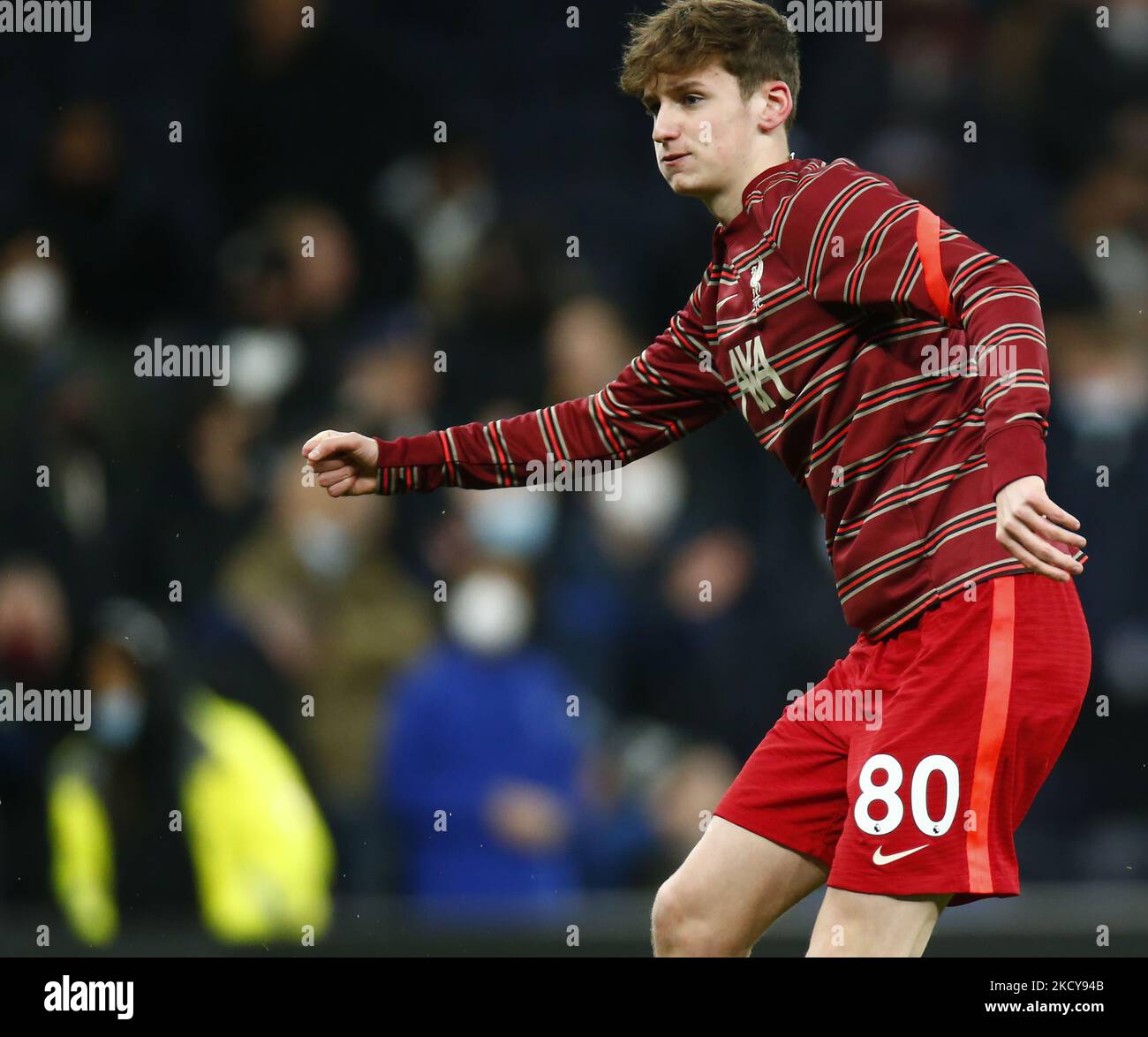 Tyler Morton of Liverpool during the pre-match warm-up during Premier ...