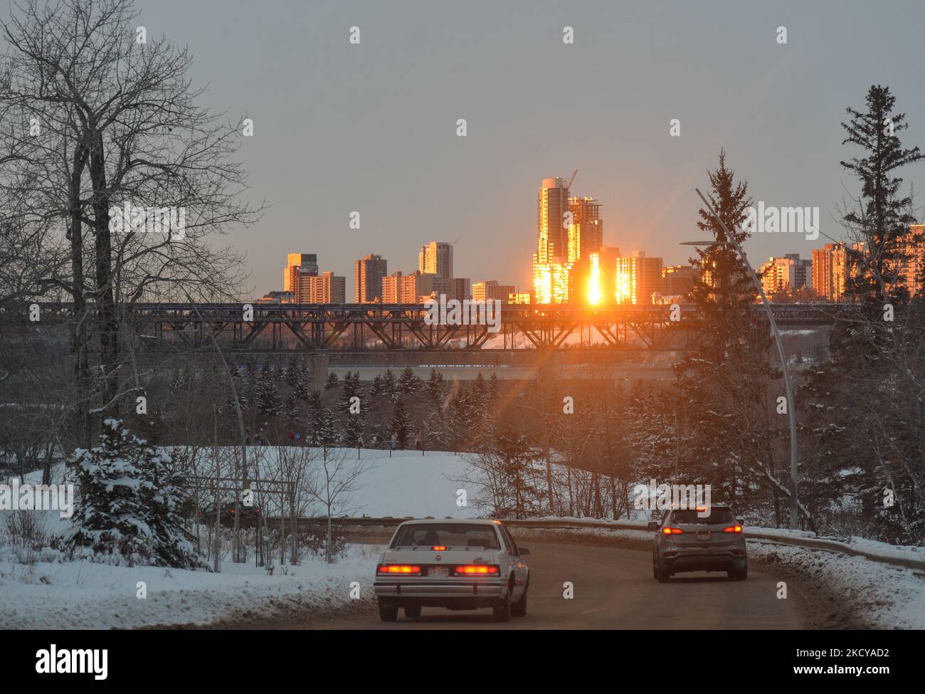 A winter view of downtown Edmonton and the High Level Bridge. On ...