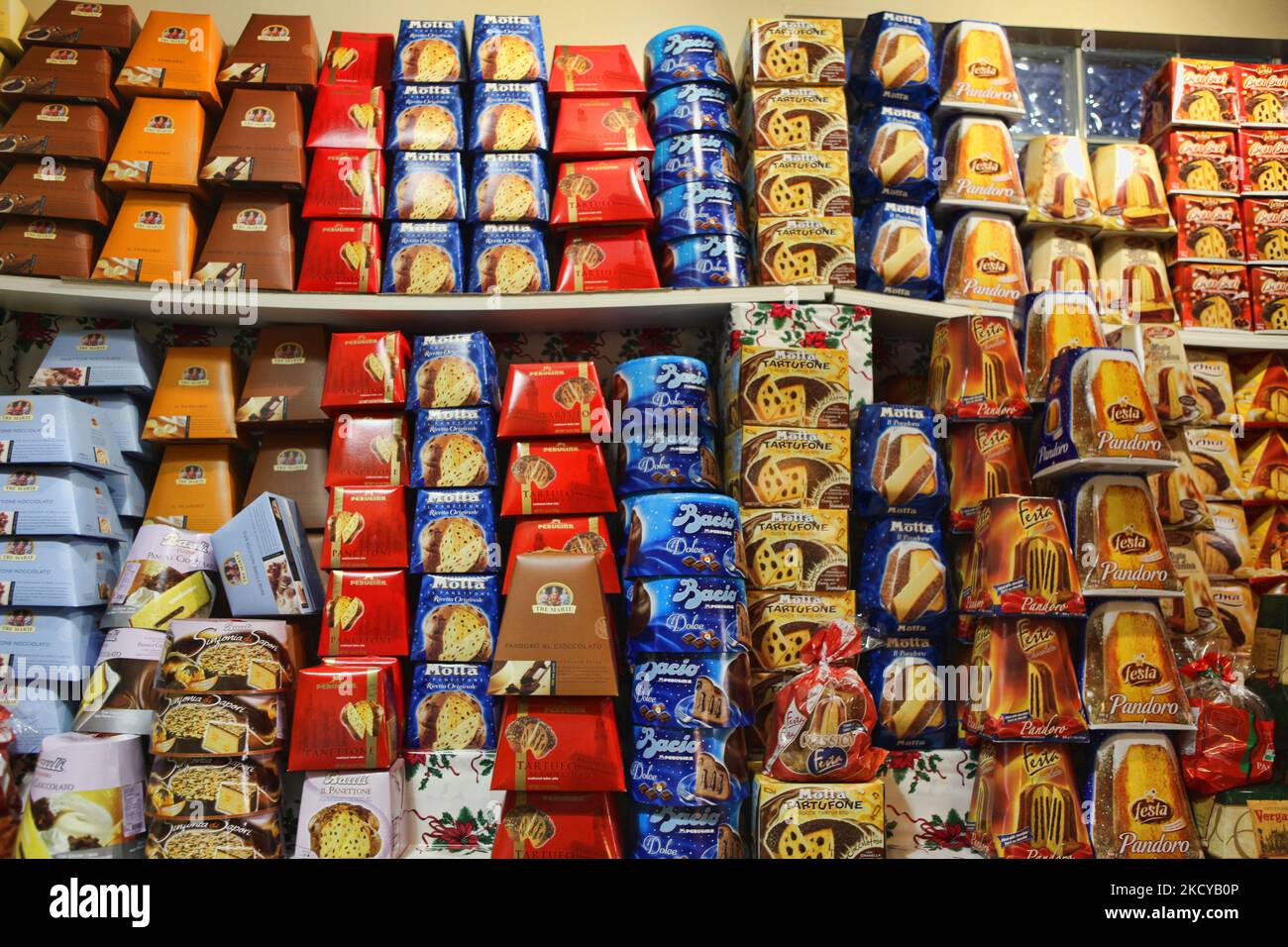 Boxes of assorted fancy Italian Christmas cakes on display in a ...