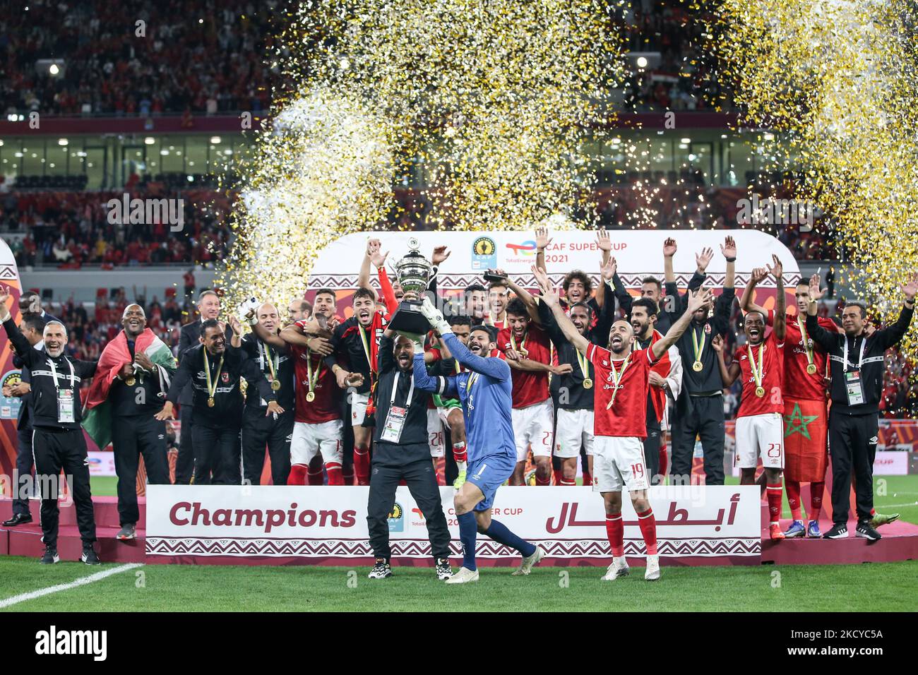 Waleed soliman and Mohamed El Shenawy of Al Ahly team lifts the Super ...