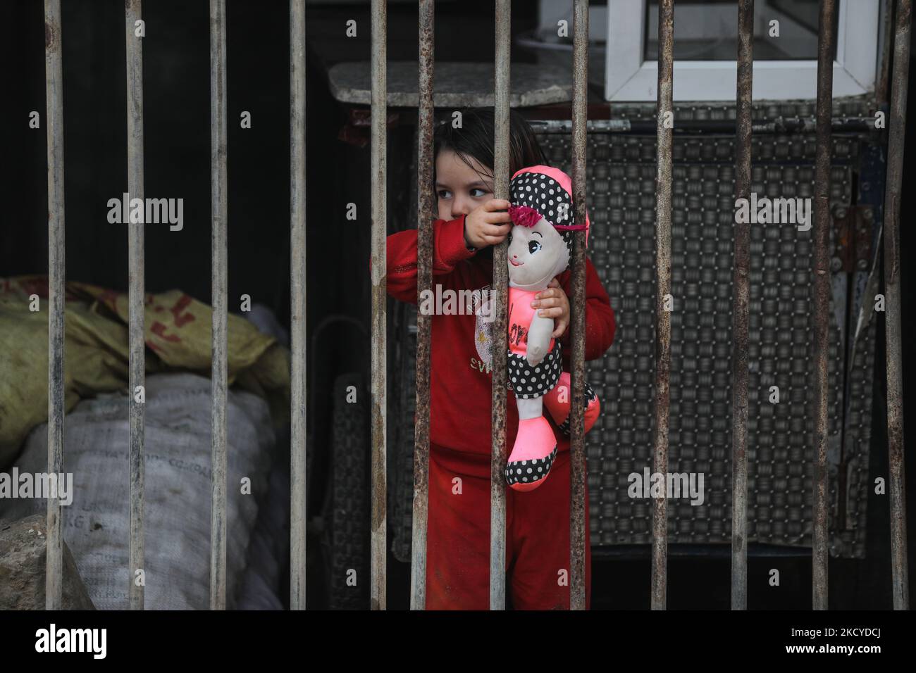 A Palestinian girl looks through the gate of her family's house during ...