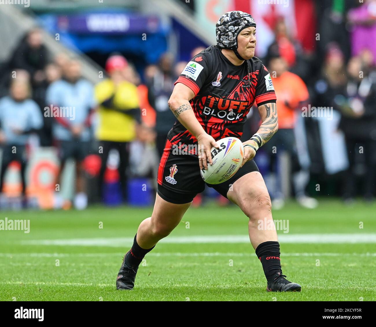 Laura Mariu of Canada in action during the Women's Rugby League World ...