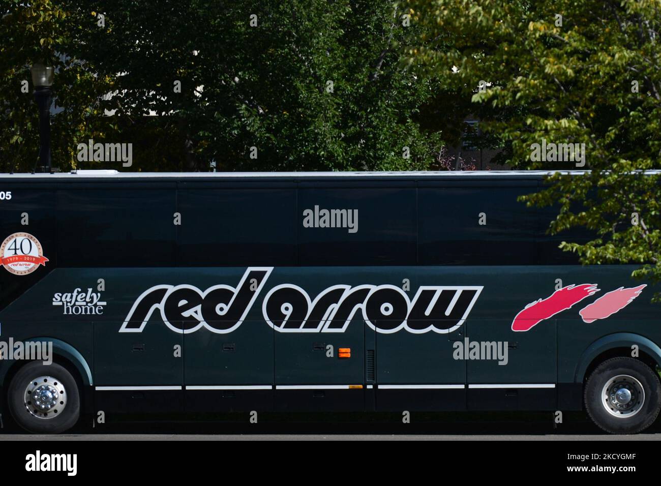 Red Arrow sign on a bus parked in Edmonton's center. On Friday, 8 ...