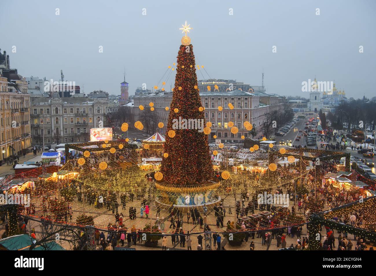 Aerial view of Christmas tree at the St Sophia Sofiyska square in ...