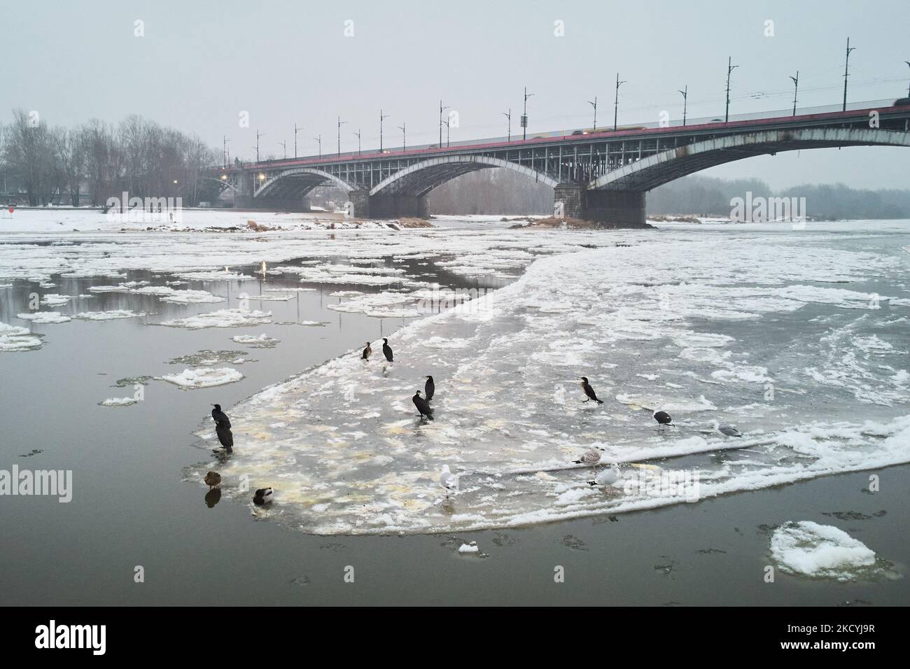 Sheets of ice are seen floating on the Vistula river in Warsaw, Poland ...