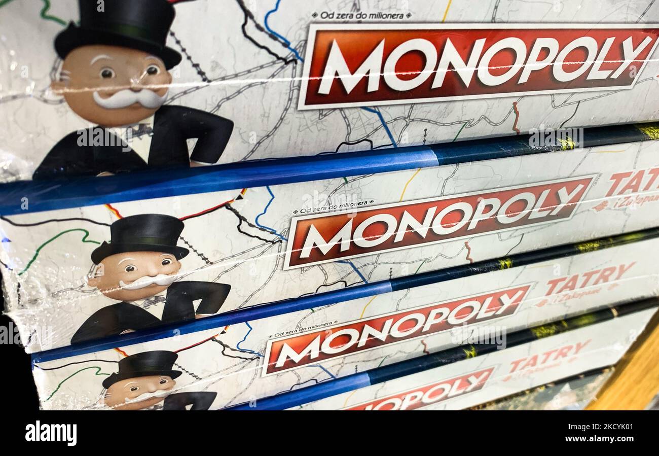Monopoly logos are seen on board games at the store in Krakow, Poland ...