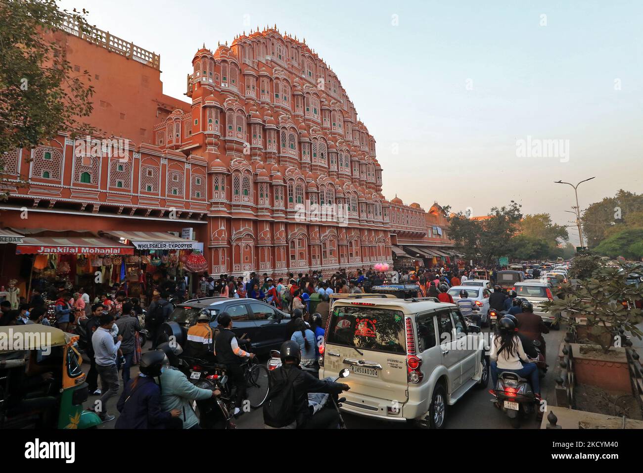 Traffic jam near Hawa Mahal on the first day of the new year, in Jaipur ...