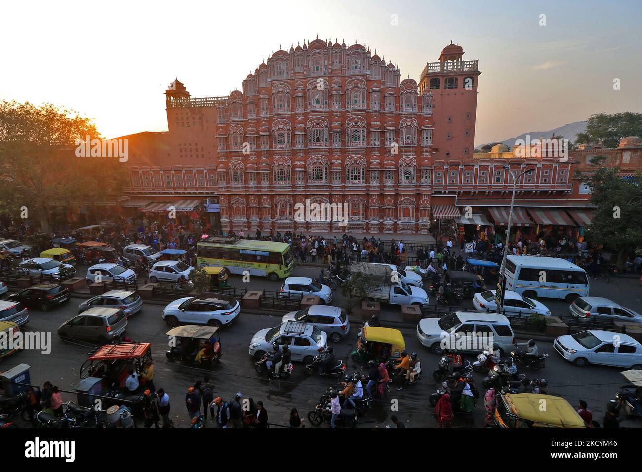 Traffic jam near Hawa Mahal on the first day of the new year, in Jaipur ...