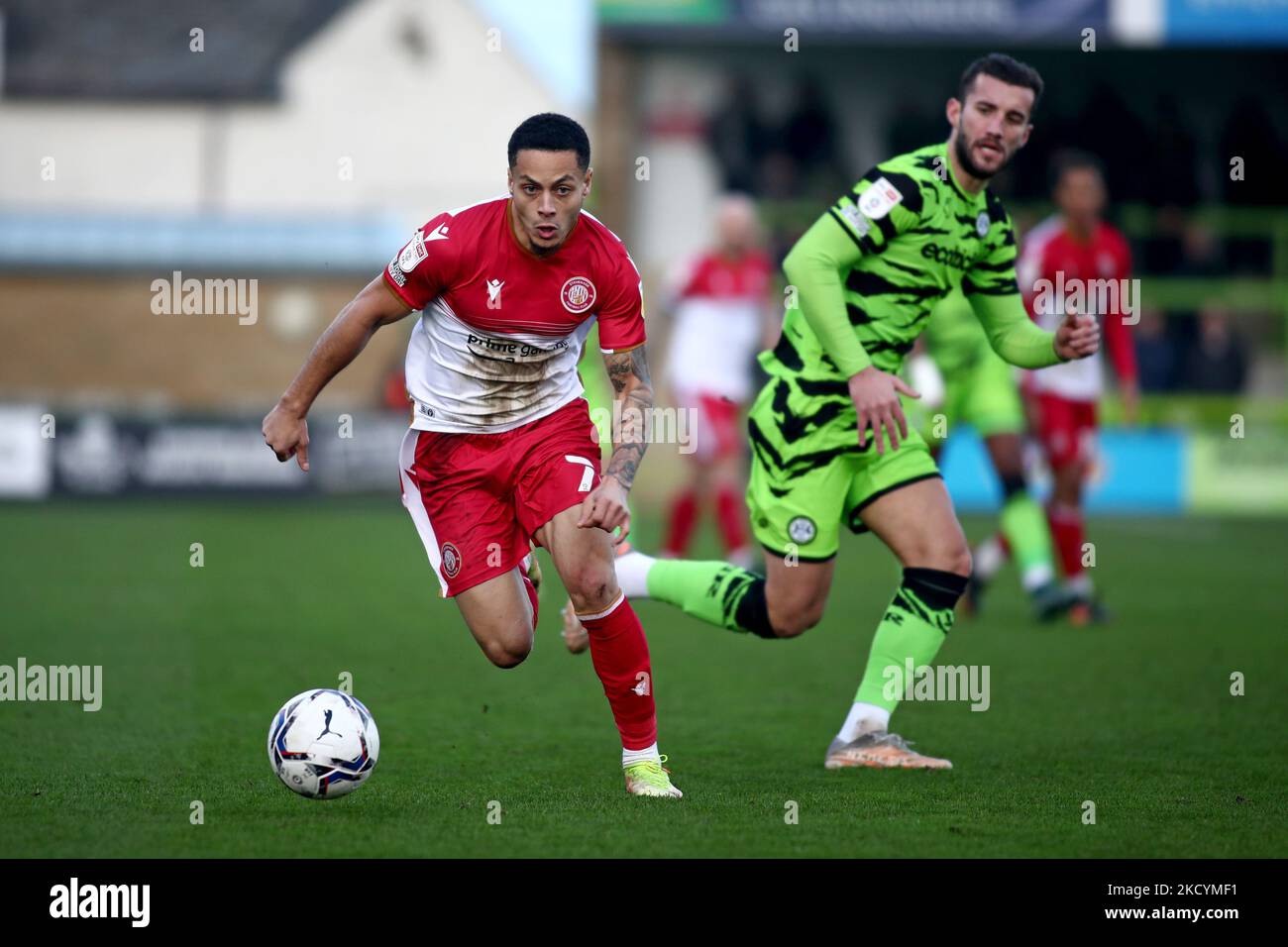Elliott List of Stevenage pictured with the ball during the Sky Bet ...