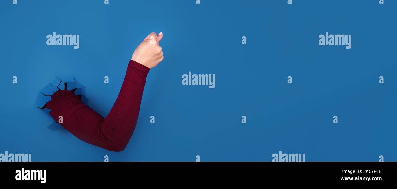 Hand showing the fig sign over blue background, panoramic layout Stock ...