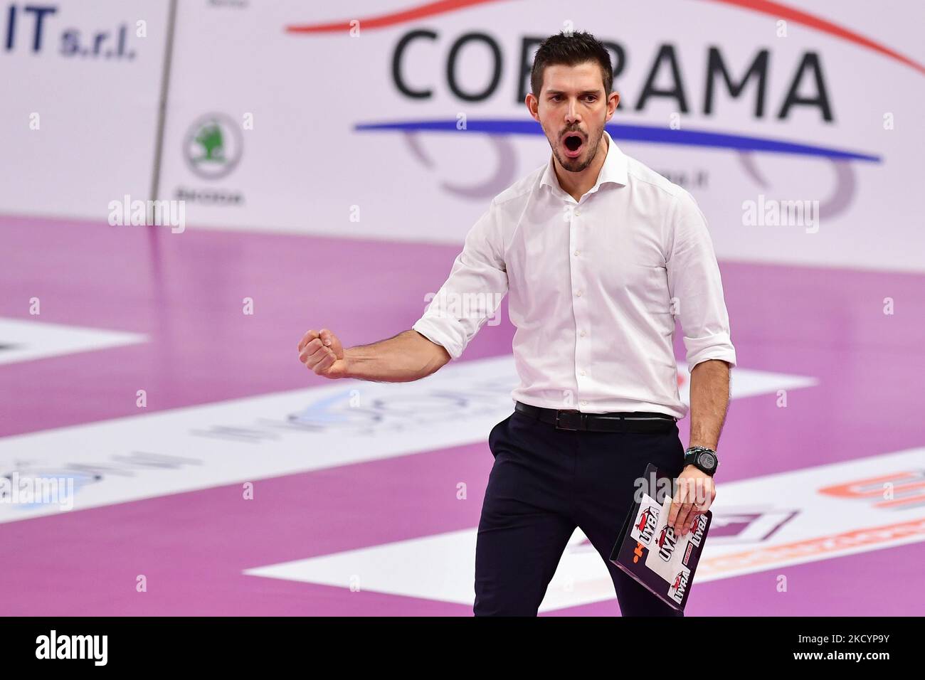 Happiness of Marco Musso (Head Coach Unet E-Work Busto Arsizio) during ...