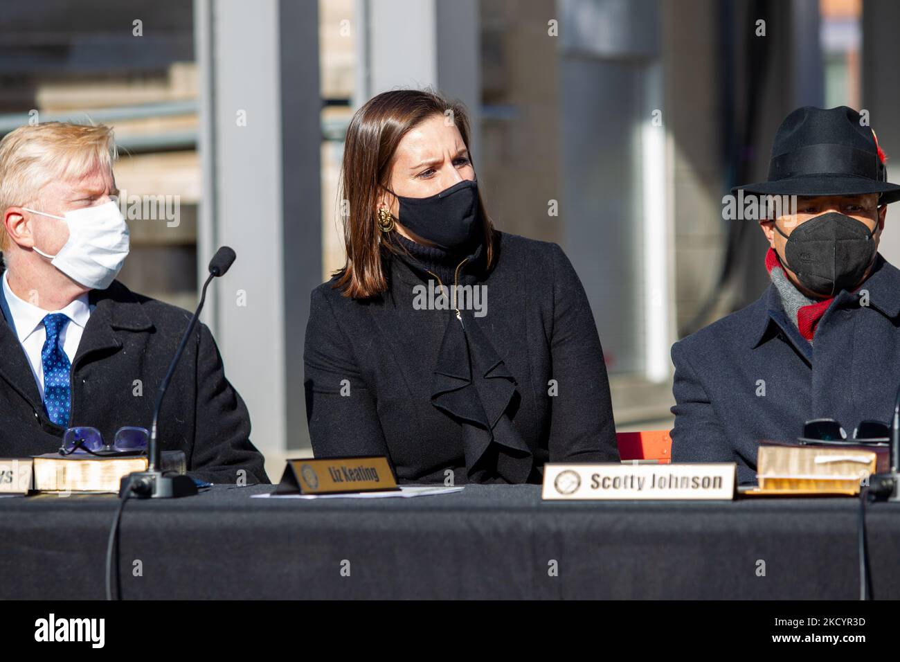 Cincinnati councilwoman, Liz Keating, is seen as mayor-elect Aftab Pureval, and elected City ...