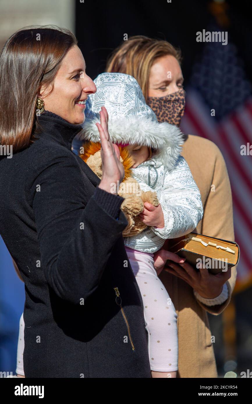 Cincinnati Councilwoman, Liz Keating, is sworn into office during a ceremony at Washington Park ...