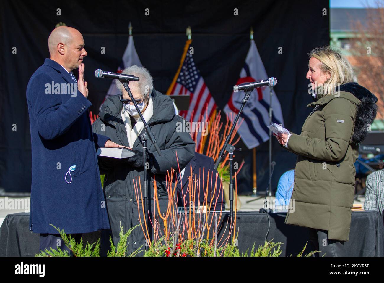Cincinnati Councilman, Greg Landsman, is sworn into office during a ...