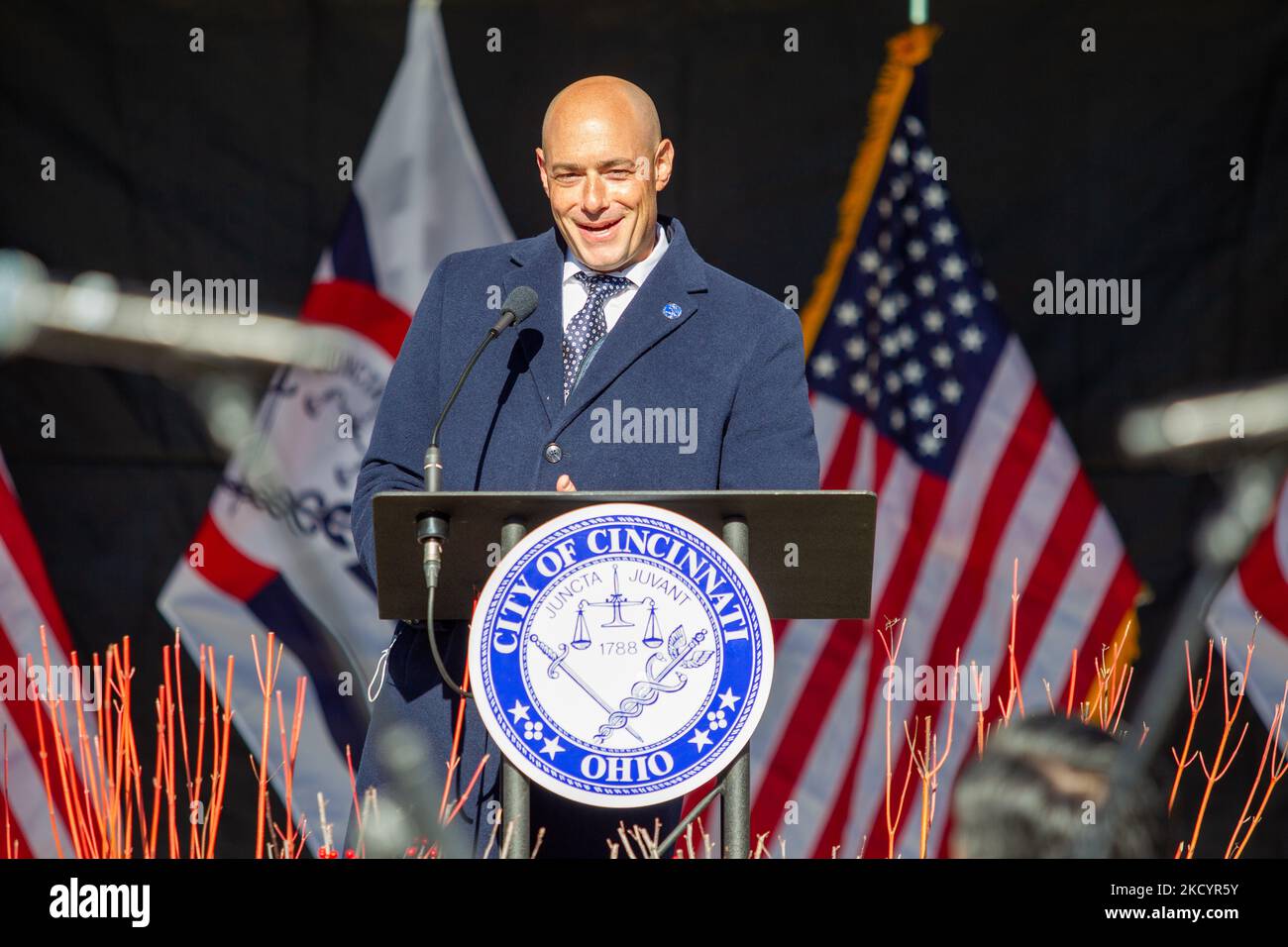 Cincinnati Councilman, Greg Landsman, speaks after he is sworn into ...