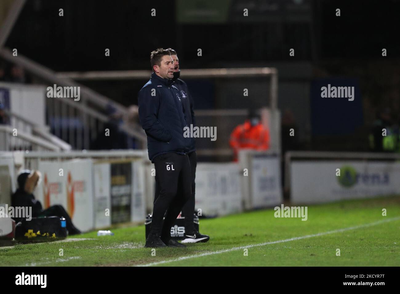 Hartlepool United manager Graeme Lee looks on during the EFL Trophy ...