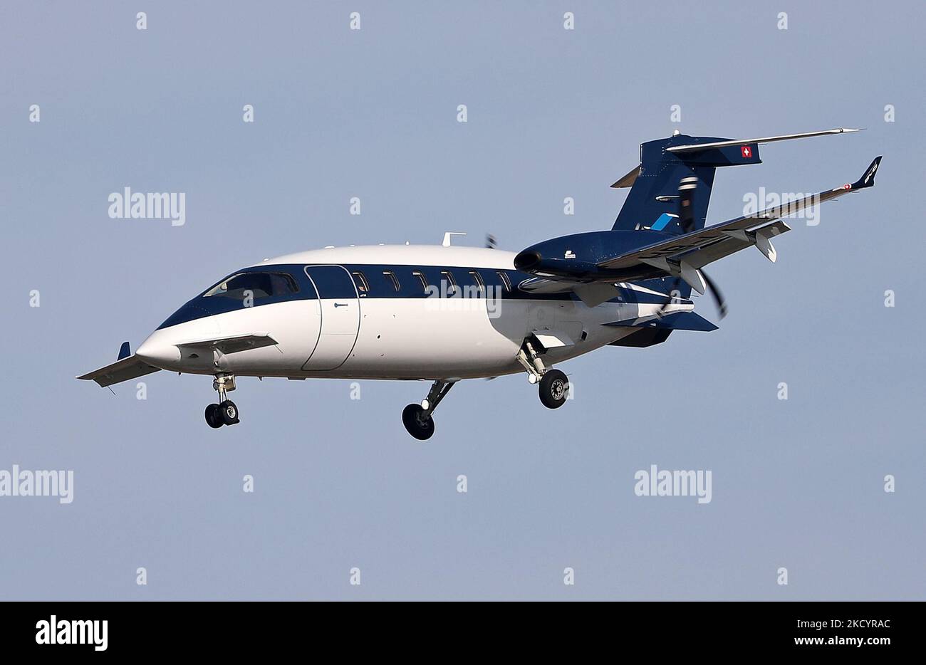 Piaggio P180 Evo aircraft, of a private company, getting ready to land ...