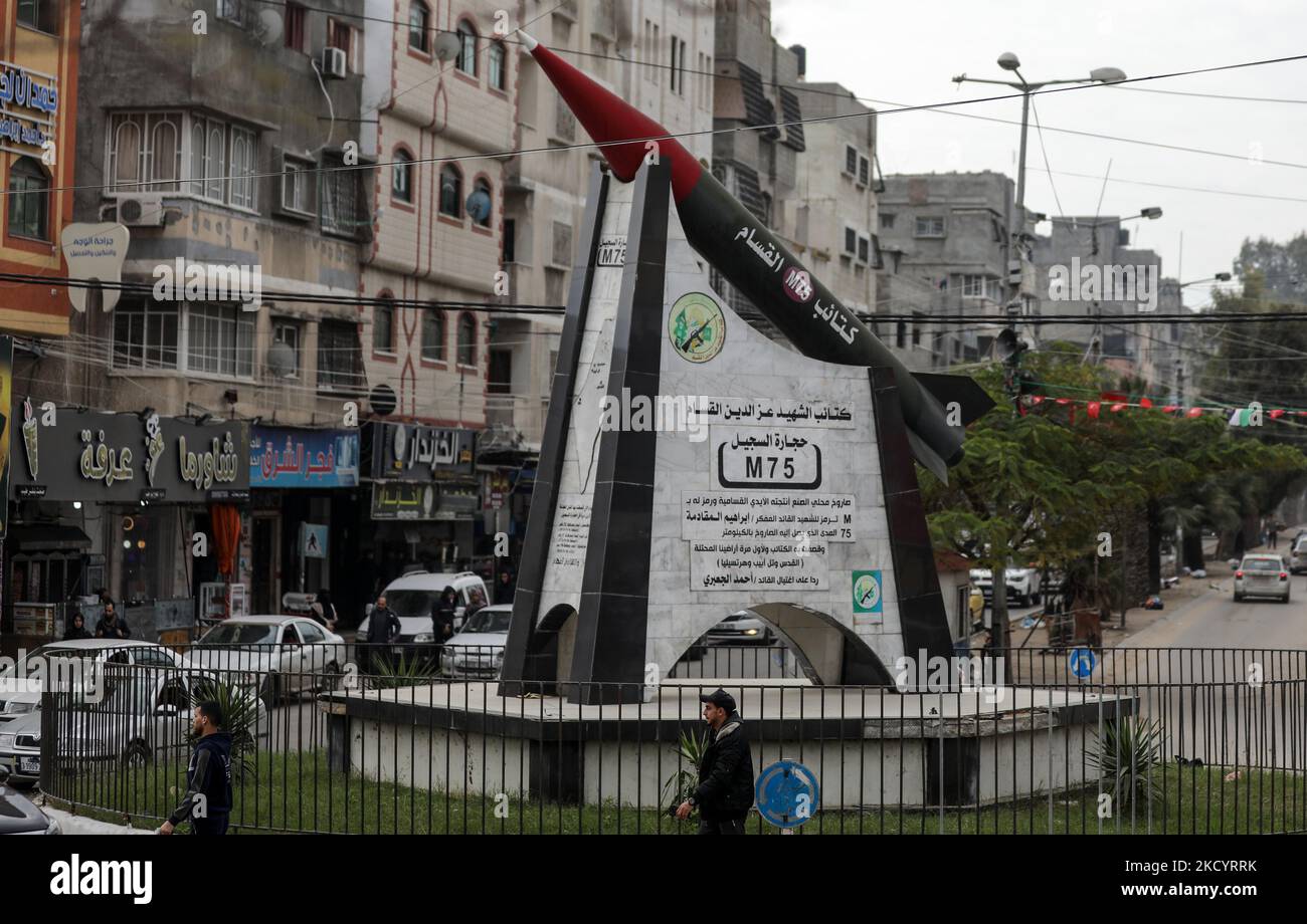A monument of a homemade M75 rocket in the middle of a square in Gaza ...