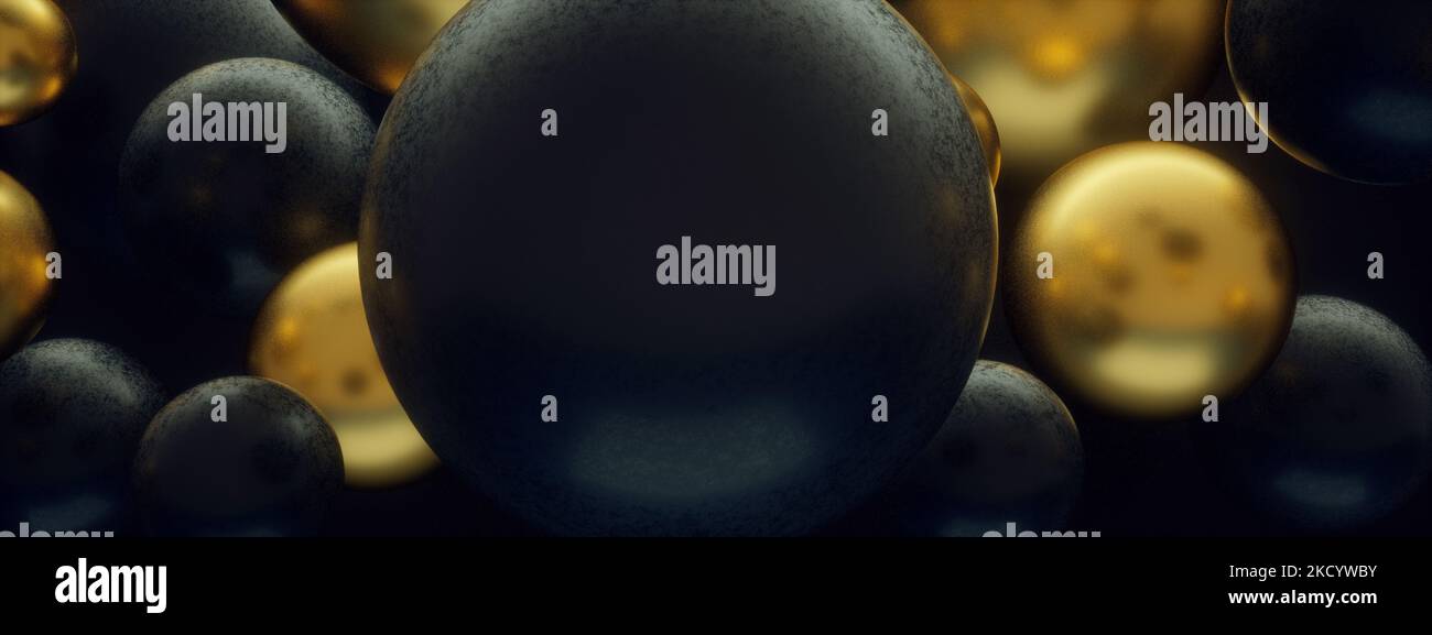Black and golden realistic balls, 3d render, panoramic image Stock ...