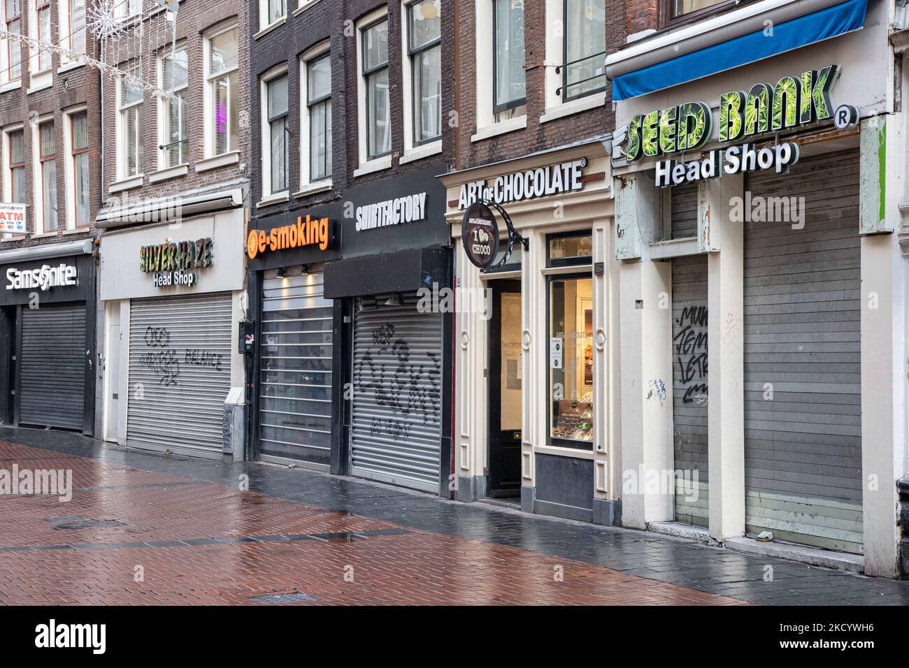 Empty commercial streets with shops closed. Quiet, almost deserted from ...