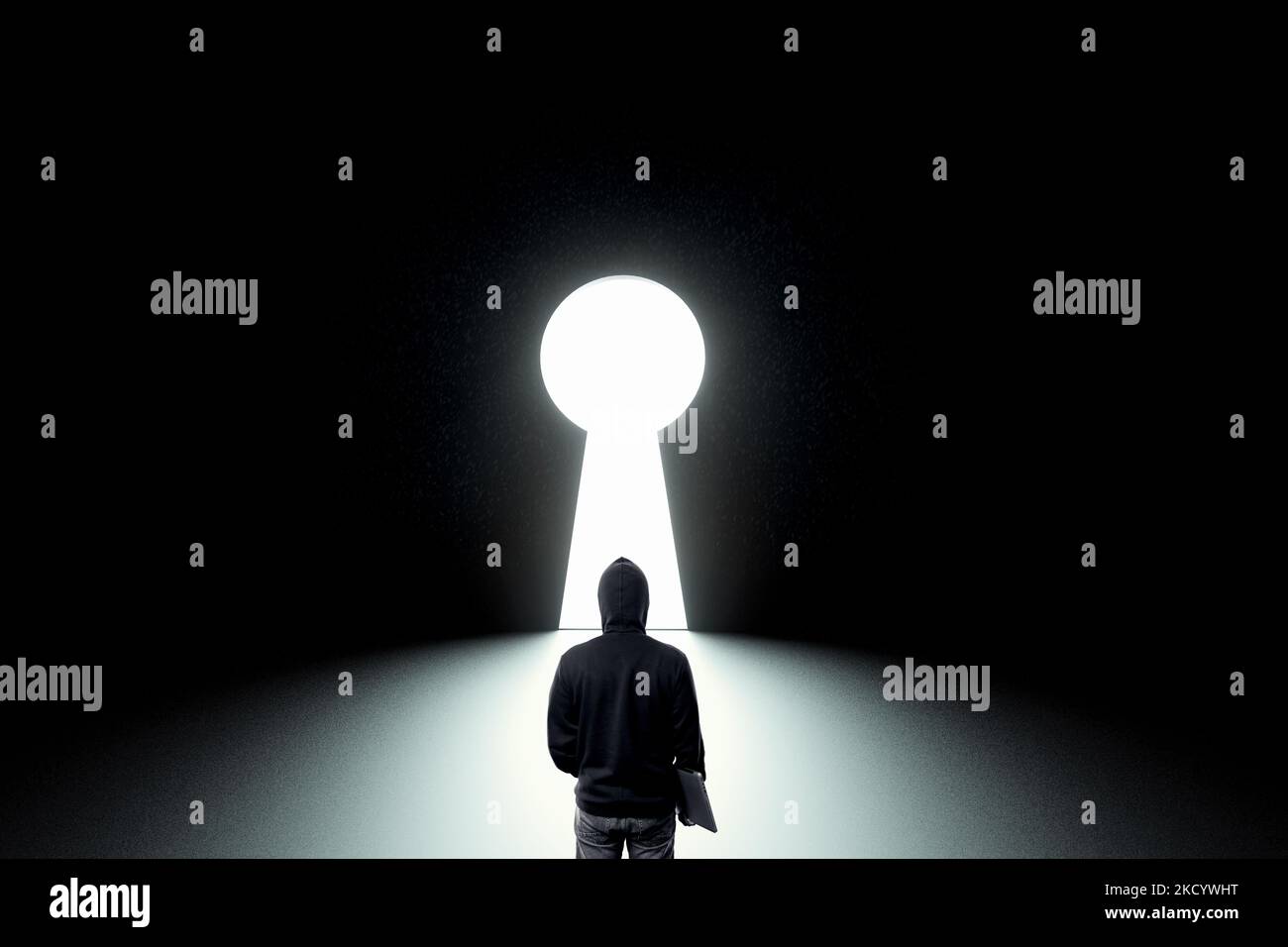 Silhouette of man programmer against giant keyhole door. Key to ...