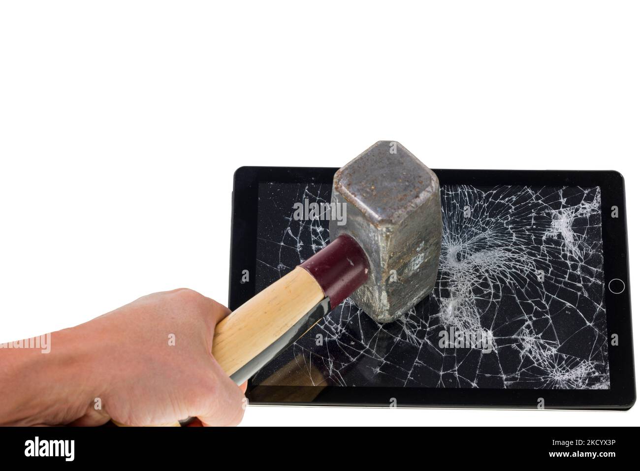 Close up view man's hand crashing tablet with sledgehammer isolated on ...