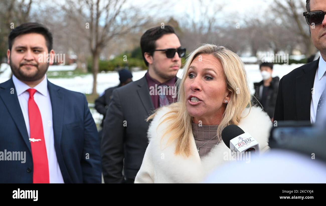 Reps. Marjorie Taylor Greene and Matt Gaetz, hold interview in front of ...