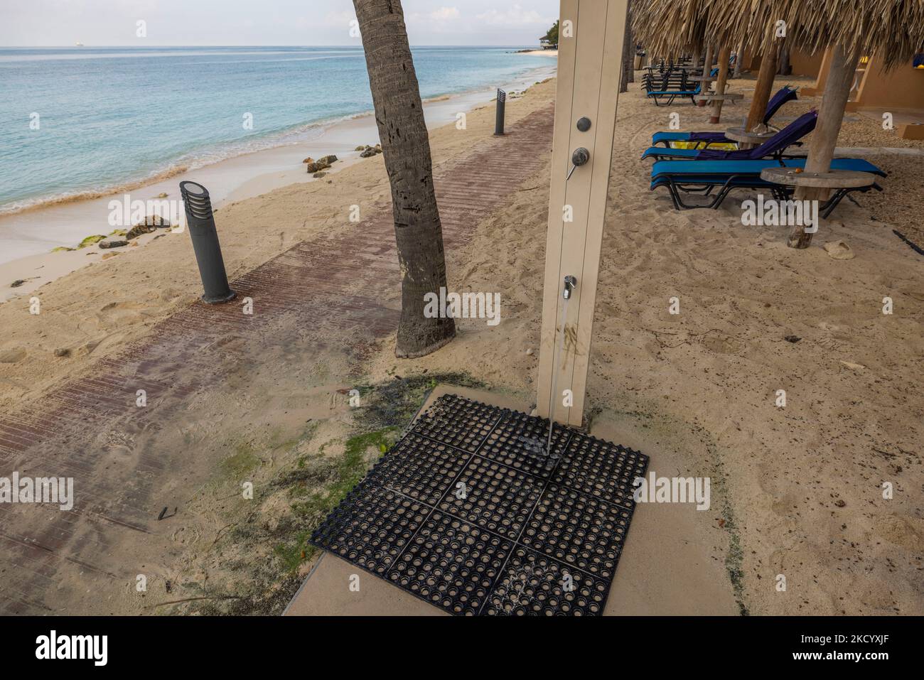 Close up view of outdoor shower station for hotel tourists against ...