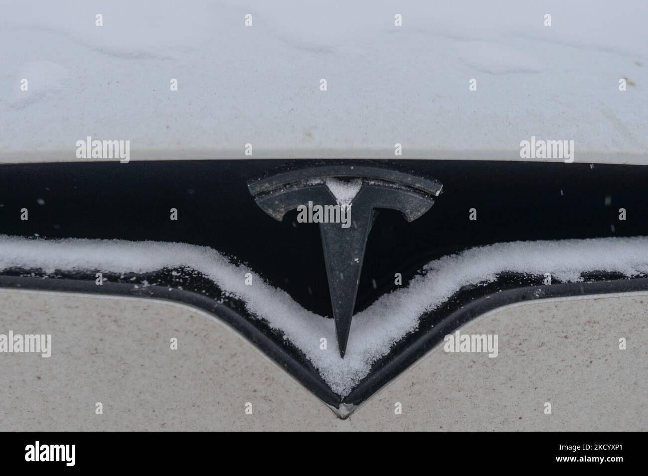 Tesla logo seen on a Tesla car covered with snow in Edmonton. On Friday ...