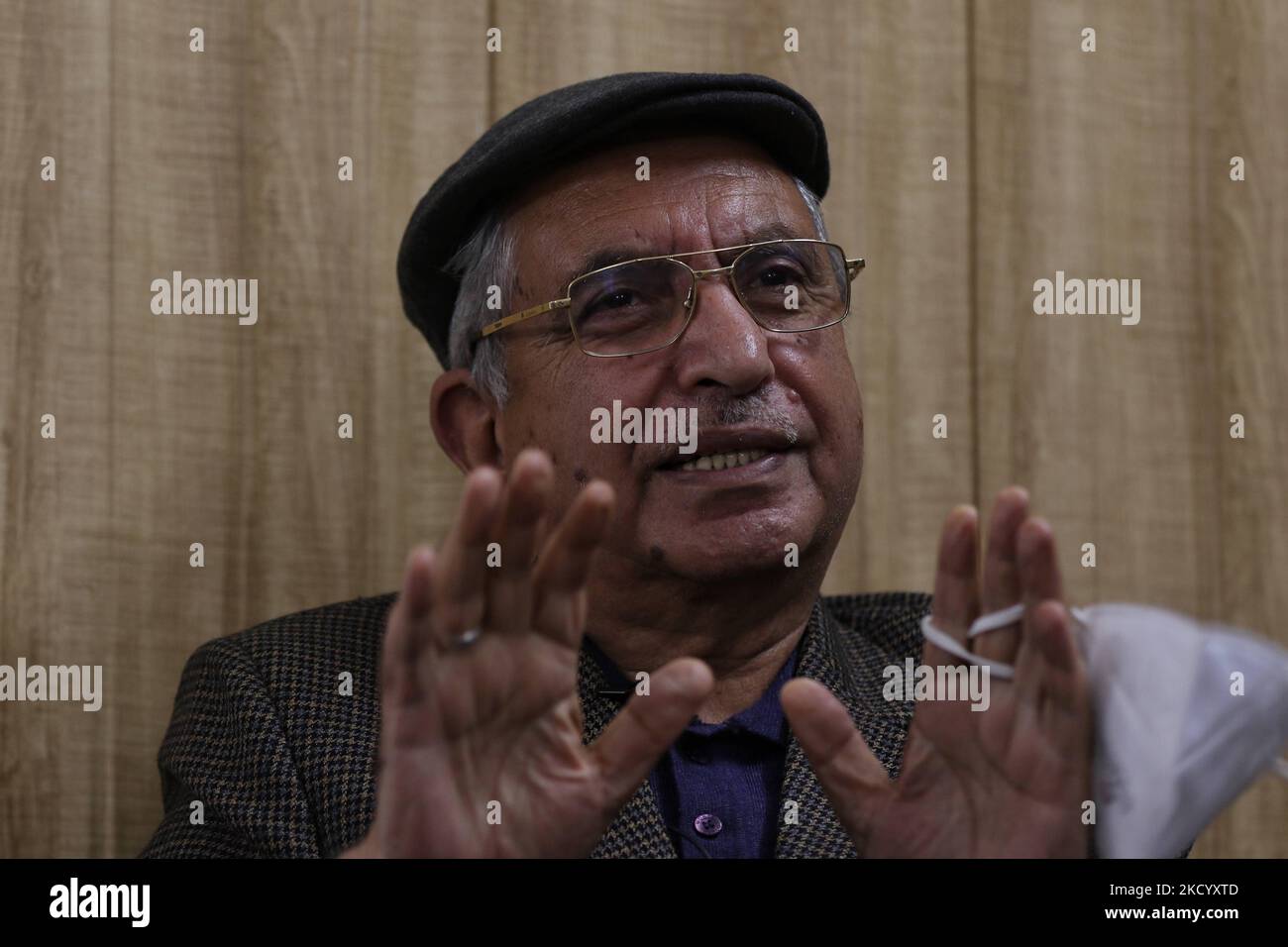 Ghulam Hassan Mir, Senior Leader of Apni Party is pictured during an ...