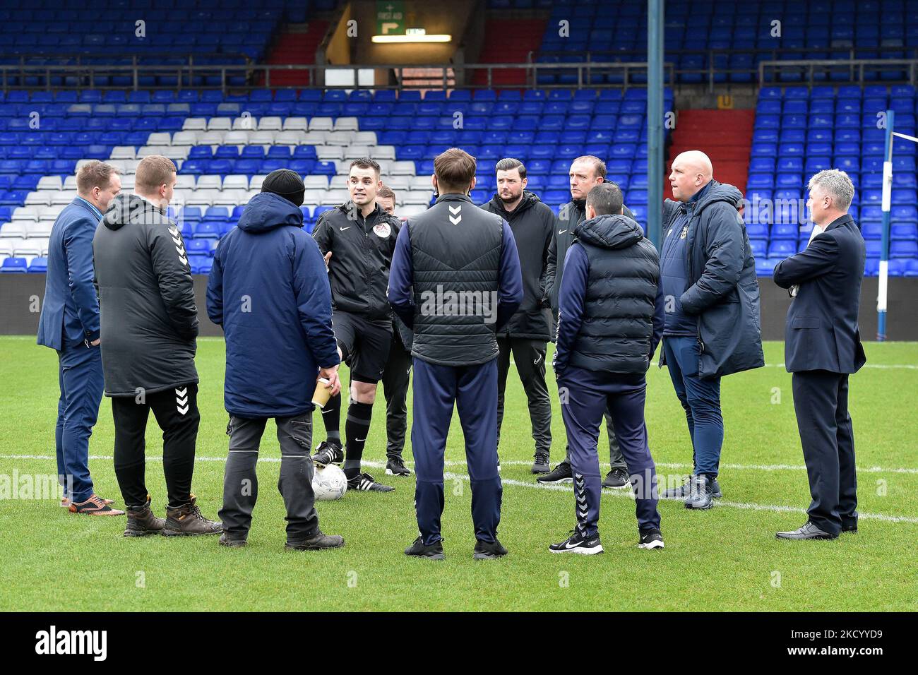 Referee Tom Neild calls off the Sky Bet League 2 match between Oldham ...