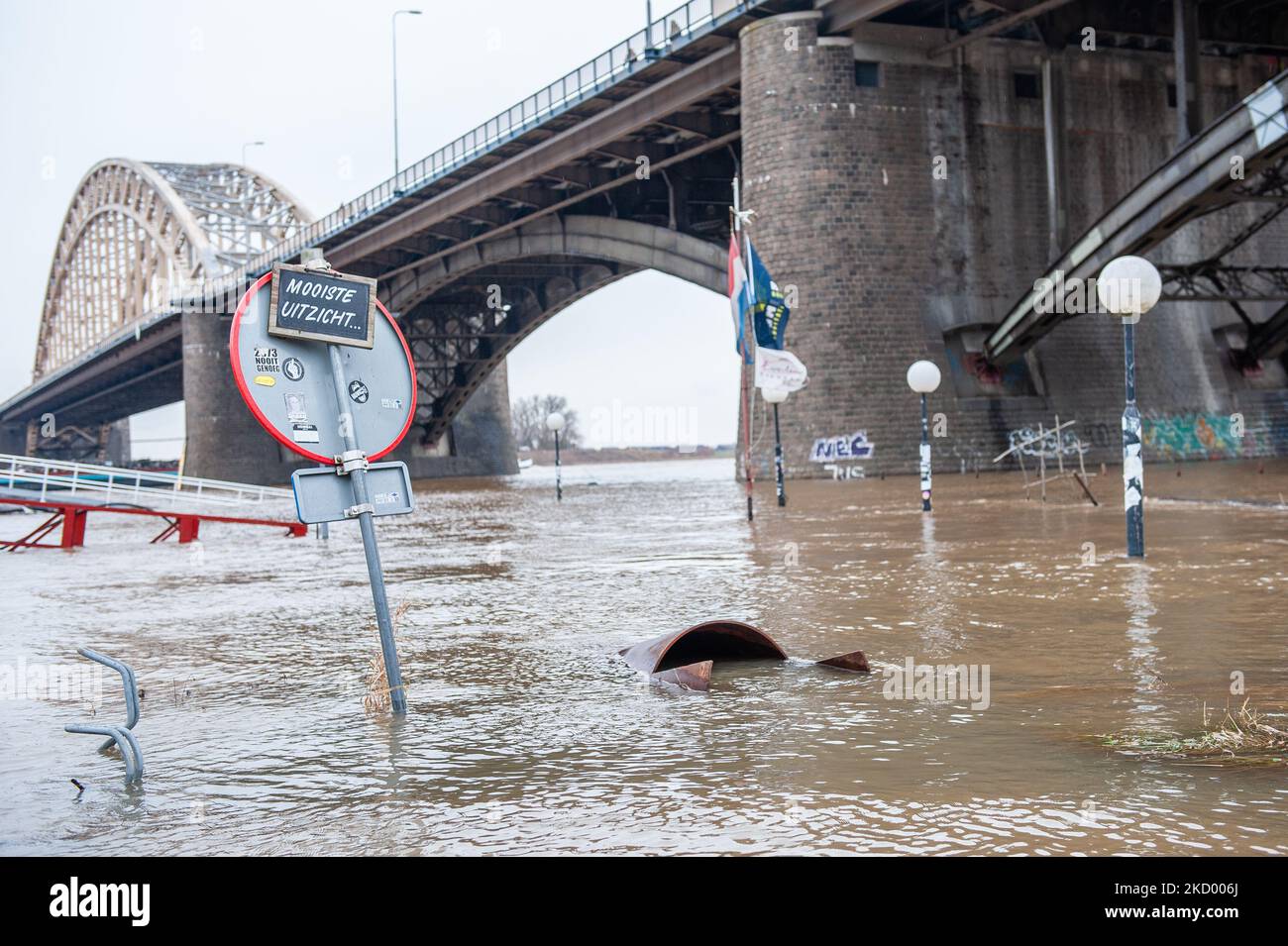 A view of the high levels waters on the river Waal, under the Waal ...