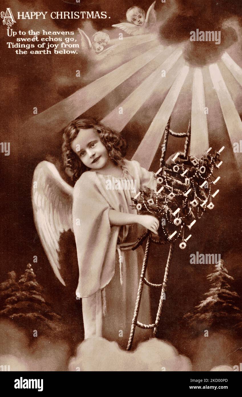 Christmas postcard showing a young child climbing a ladder to heaven and holding a minature ...