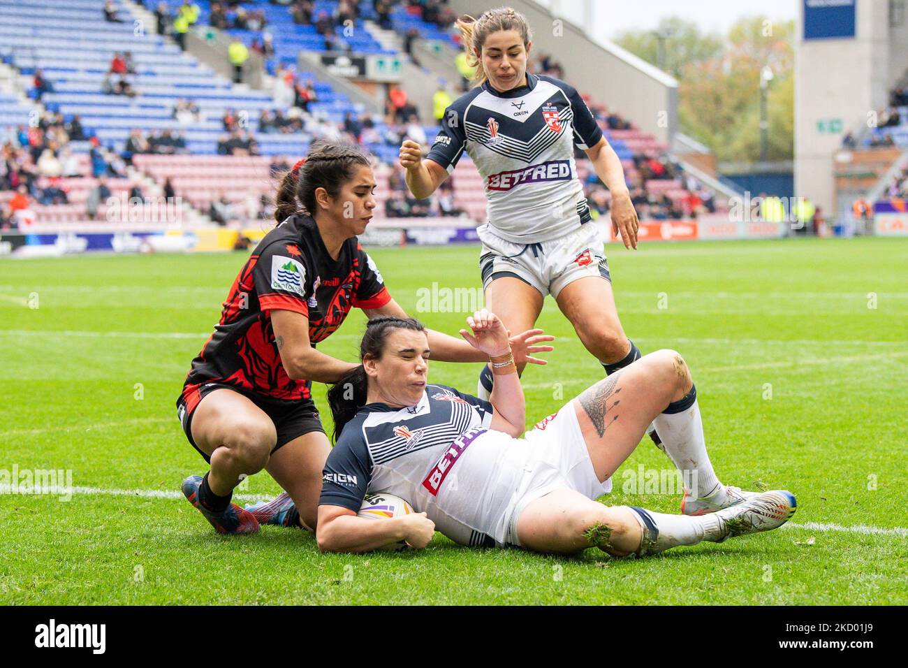 Carrie Roberts of England goes over for a try during the Women's Rugby ...