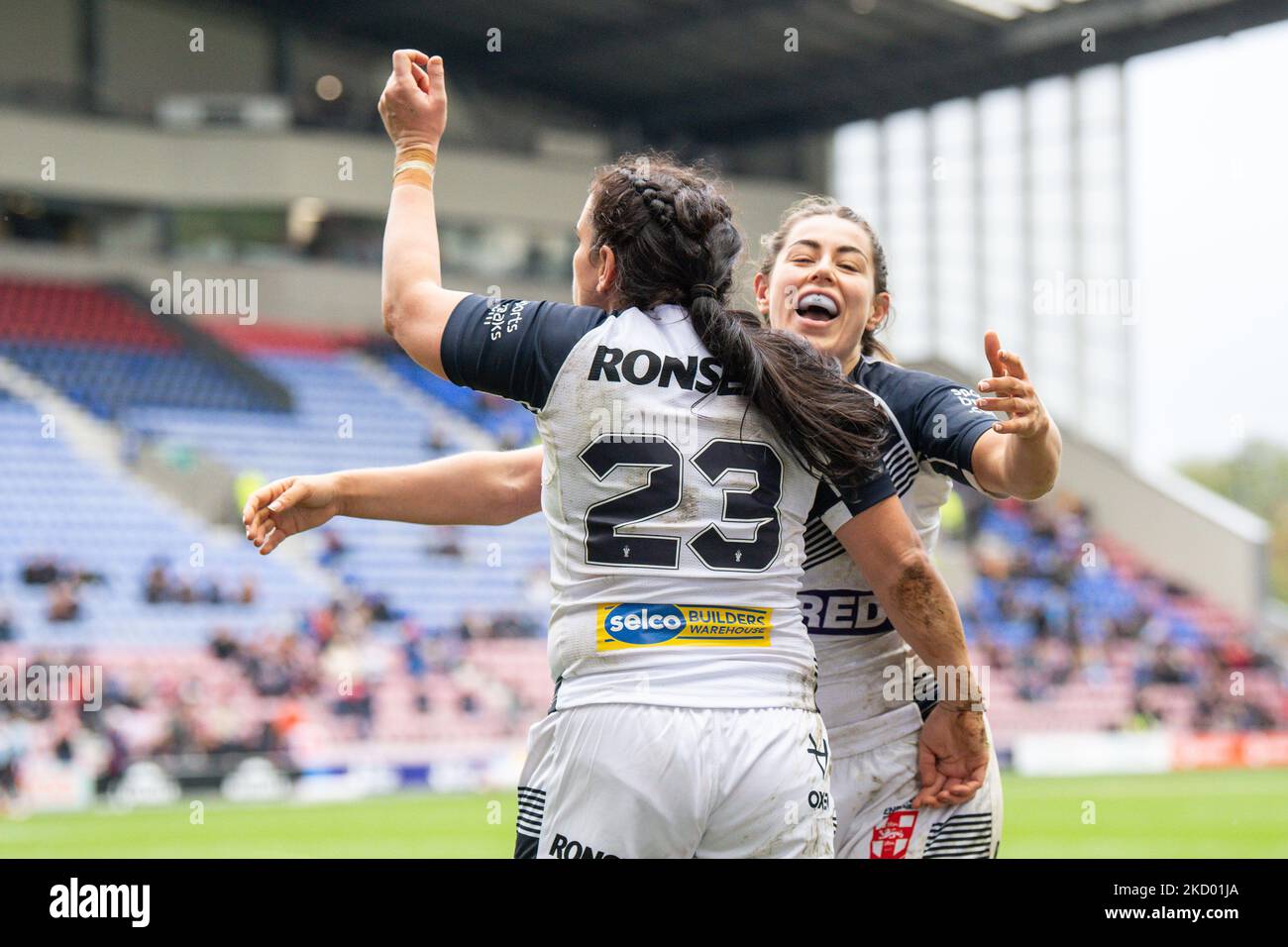 Carrie Roberts of England celebrates her try during the Women's Rugby ...