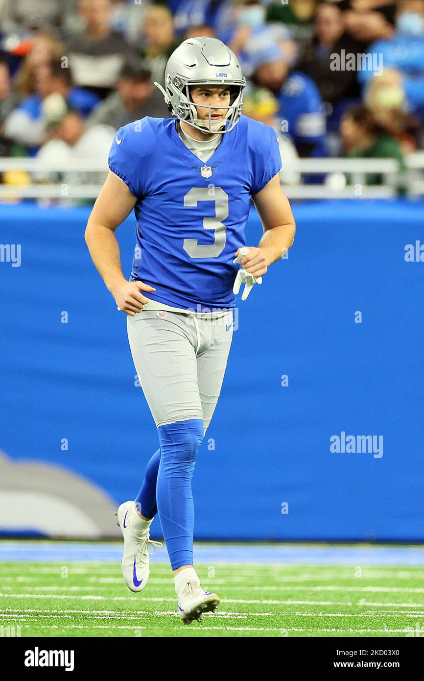 Detroit Lions punter Jack Fox (3) runs on the field during an NFL ...