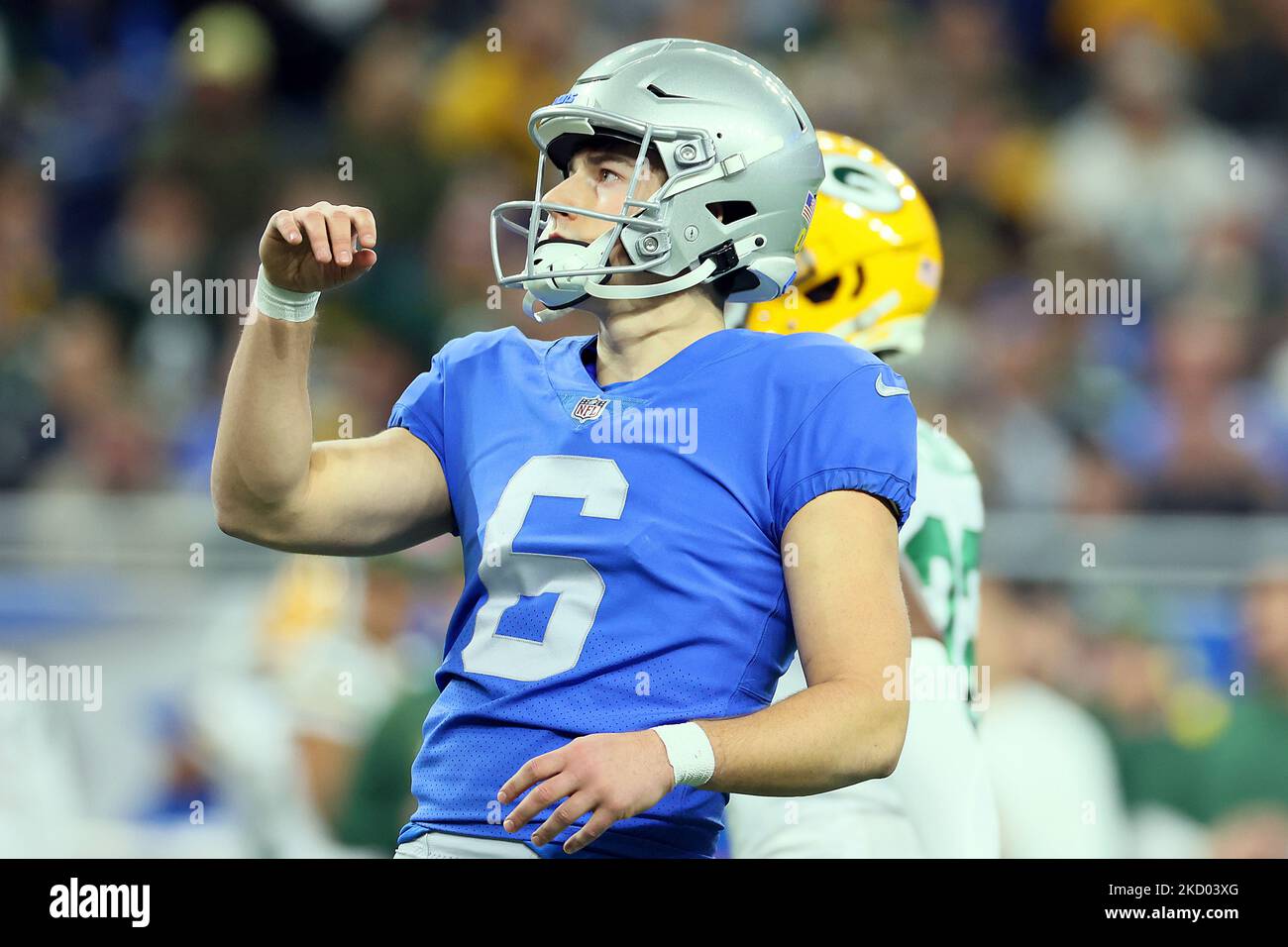 Detroit Lions kicker Riley Patterson (6) follows his kick during an NFL ...