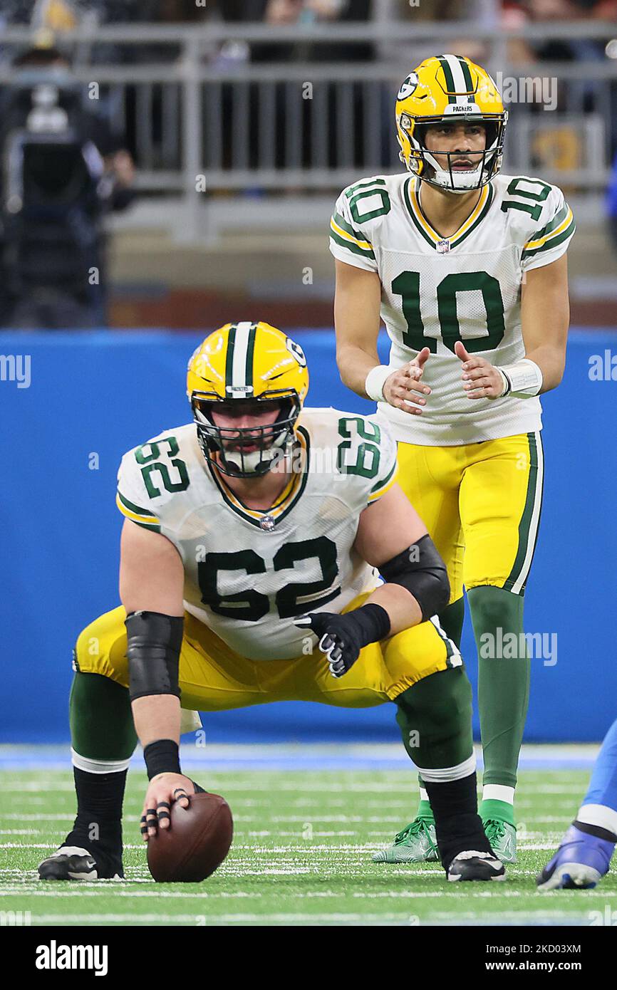 Green Bay Packers center Lucas Patrick (62) prepares to snap the ball ...