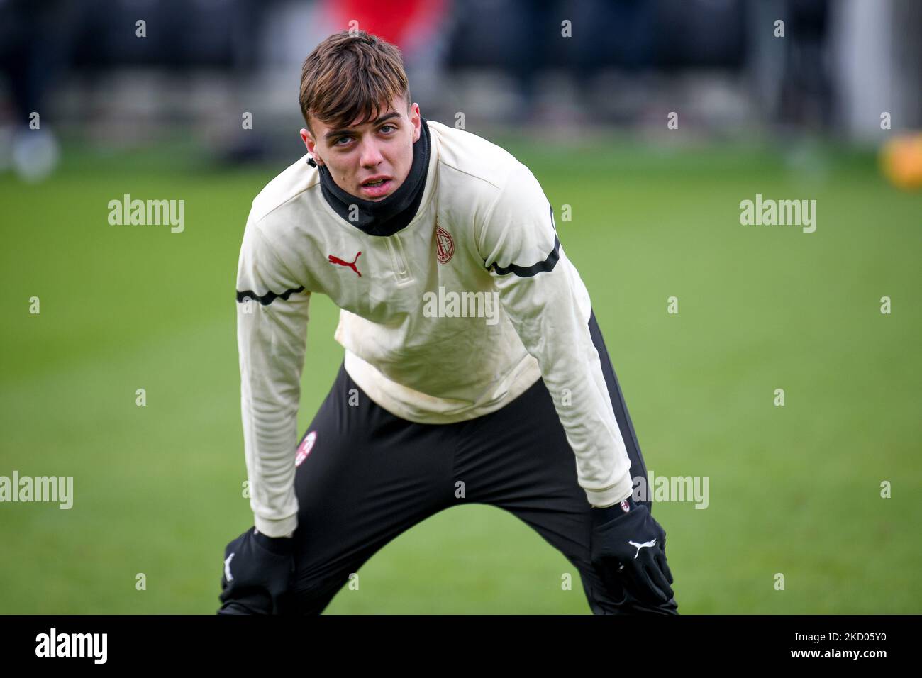 Milan's Daniel Maldini portrait during warm up during the italian ...