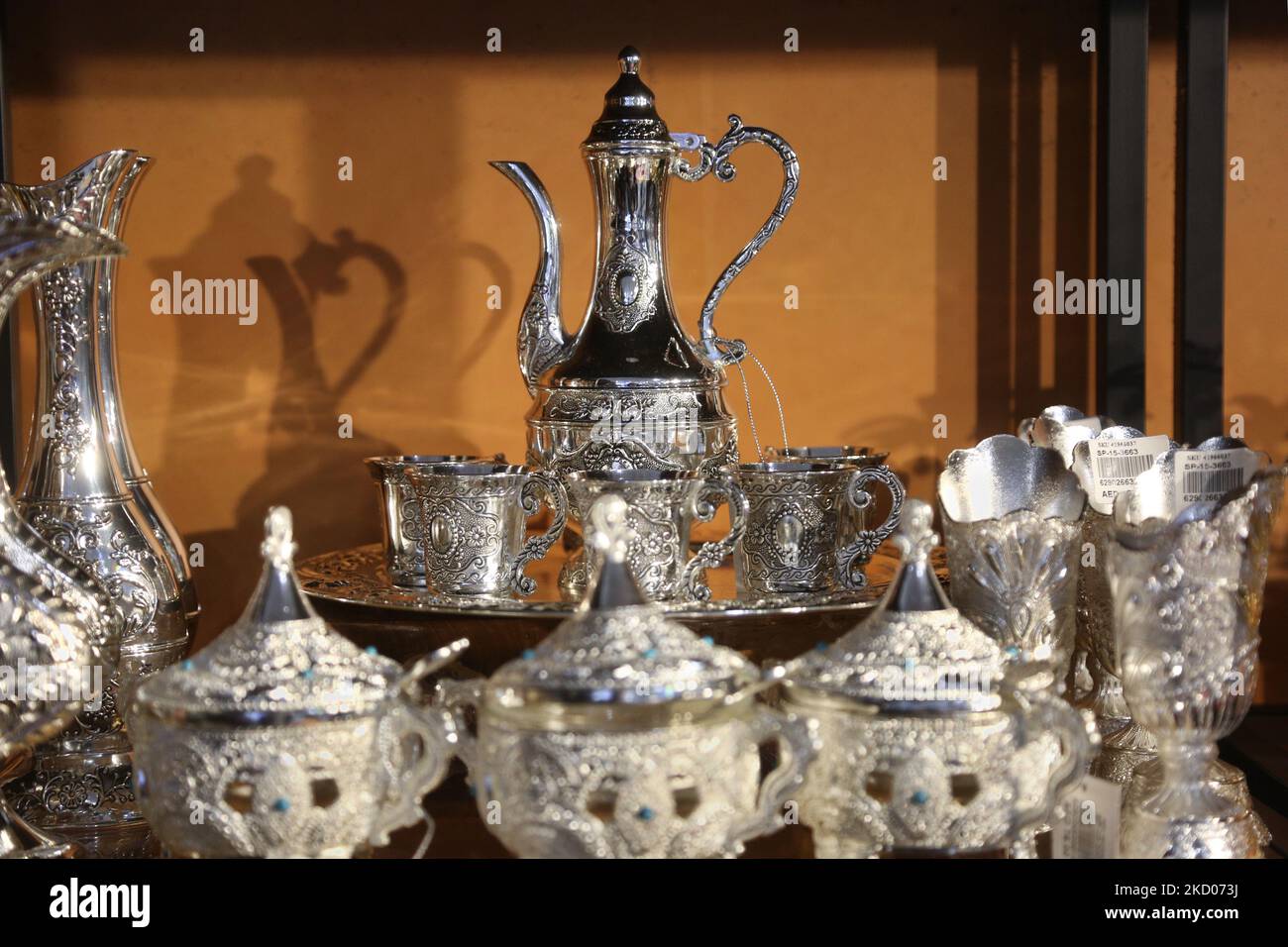 Decorative silver tea set displayed at a market in Abu Dhabi, United ...