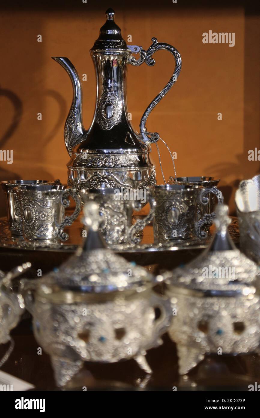 Decorative silver tea set displayed at a market in Abu Dhabi, United ...