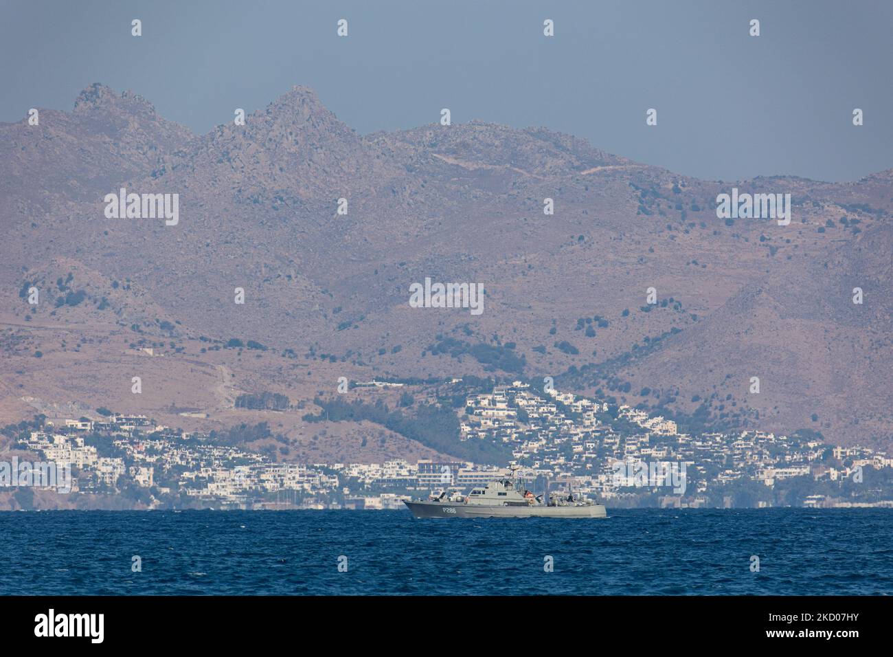 A Greek patrol ship of the Hellenic Navy is patrolling the Aegean Sea ...