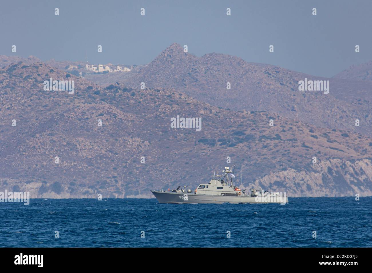 A Greek patrol ship of the Hellenic Navy is patrolling the Aegean Sea ...