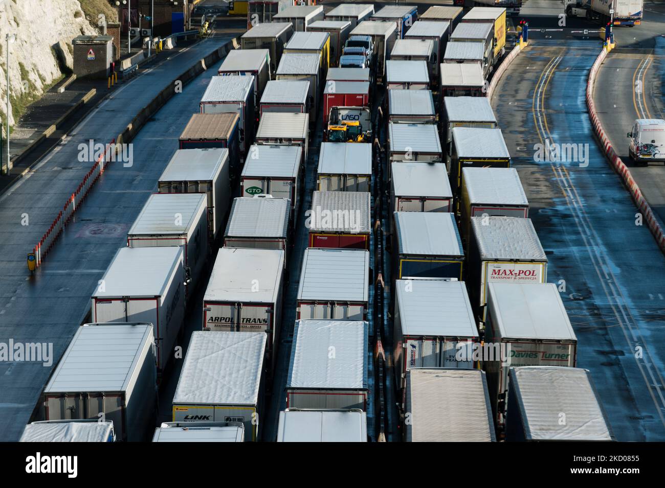 Lorries queue to enter Dover Port in Dover, Britain, 12 January 2022 ...
