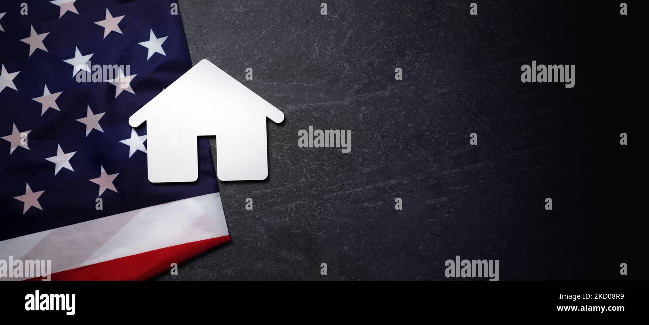 USA flag with house, real estate in America, panoramic layout Stock ...