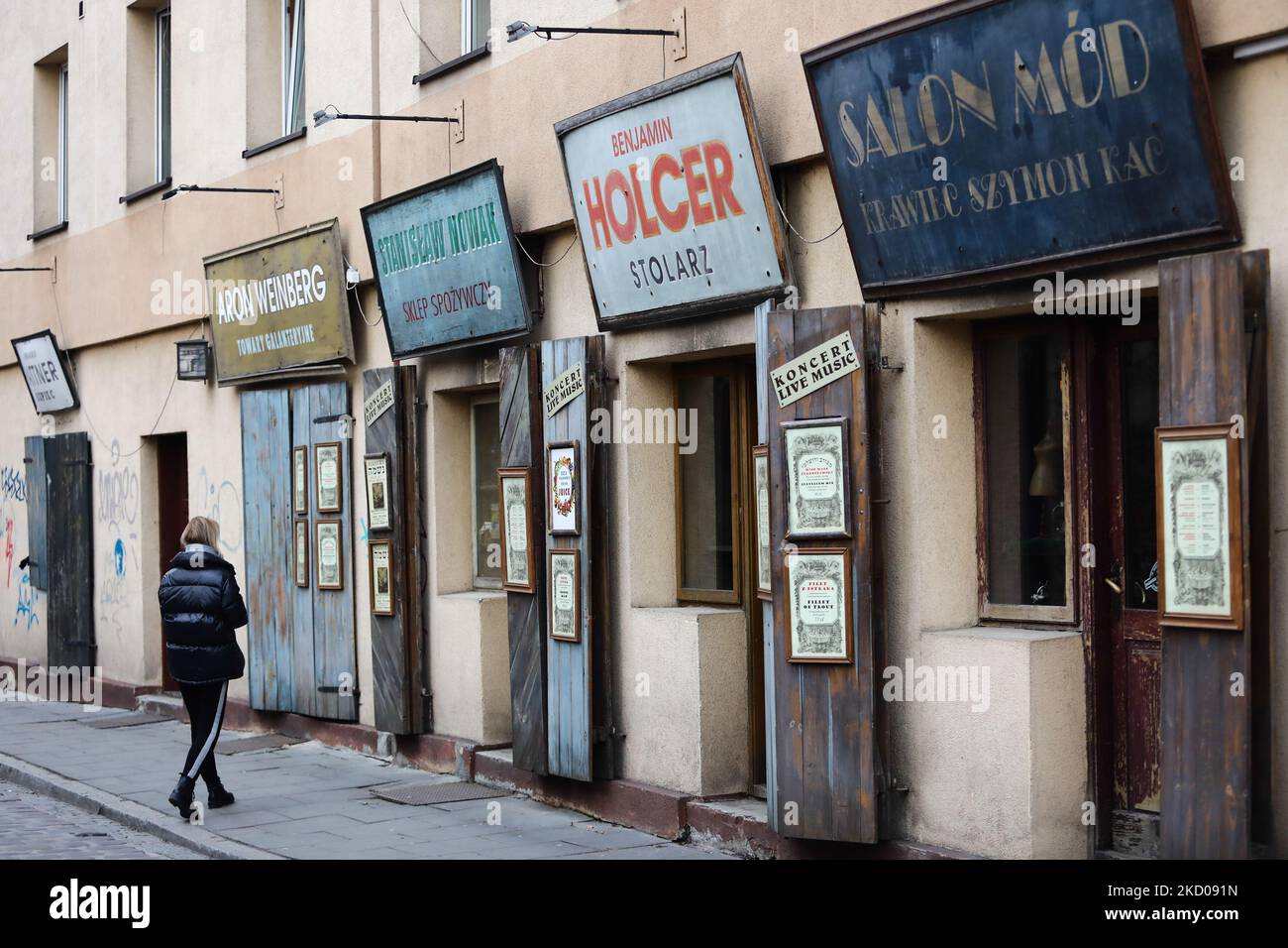 Stylised shop signs in the Jewish quarter in Krakow, Poland on January ...