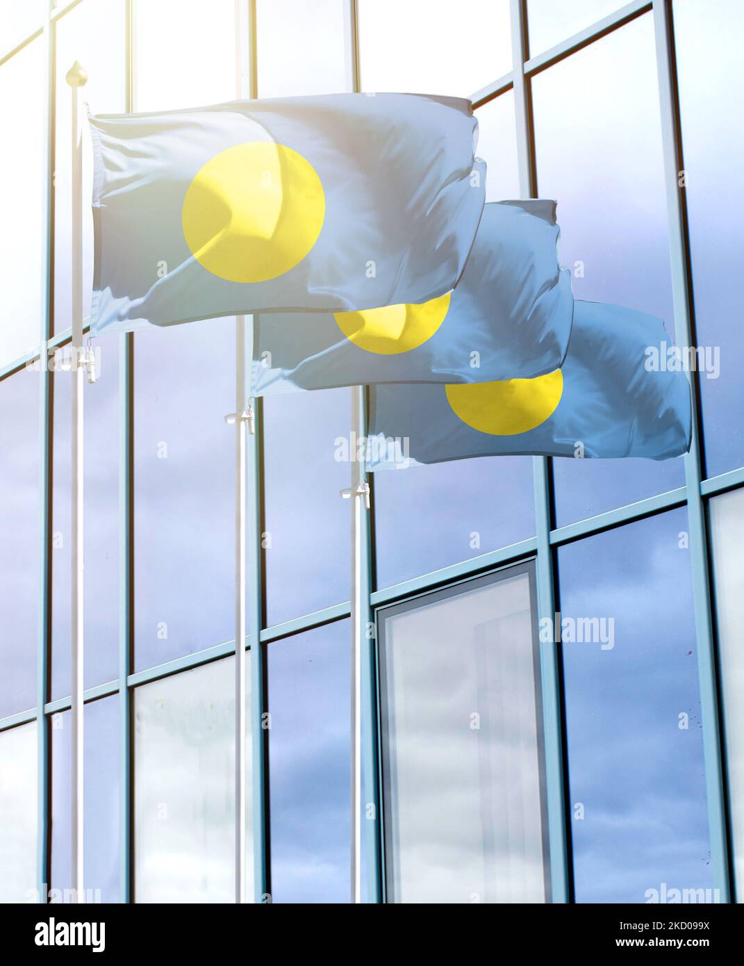 Flagpoles with the flag of Palau in front of the business center Stock ...